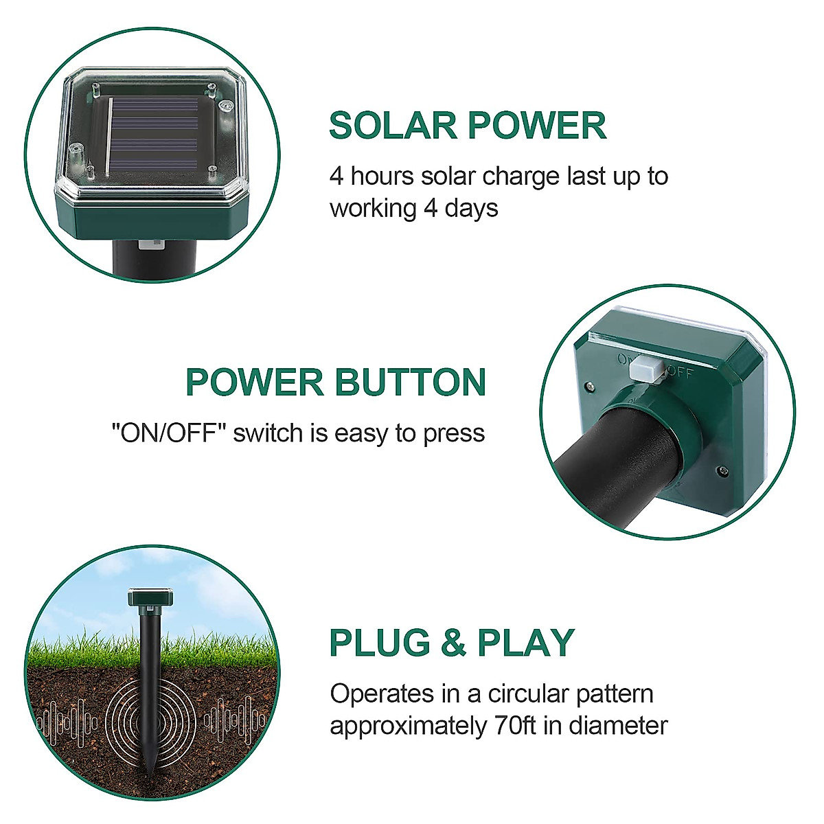 Mole Repellent Solar Powered 4 Pack,Snake Vole Repellent Outdoor, Gopher Repellent Ultrasonic Solar Powered for Lawn Garden Waterproof, Sonic Mole Spikes,Get Rid of moles Groundhog Chipmunk Repellent