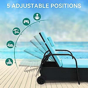 YITAHOME Outdoor Wicker Chaise Lounge Chair w/Storage, Rattan Patio Pool Lounger with Adjustable Backrest, Arm, Cushion, Pillow and Wheel for Poolside Backyard Porch Garden Beach