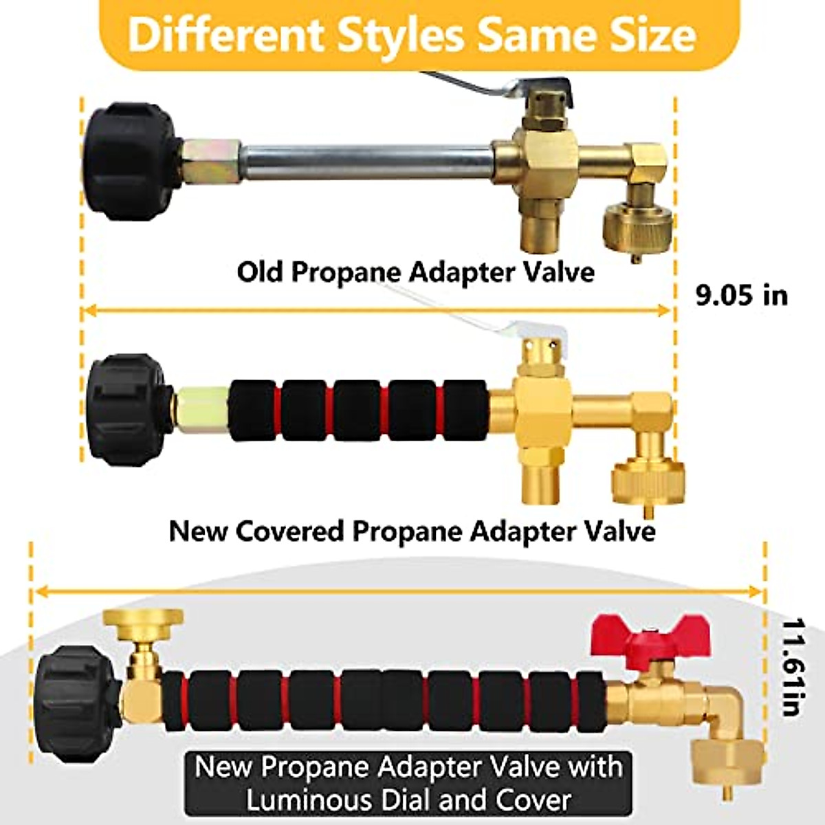 Updated Propane Fitting Refill Adapter Valve for 1LB Gas Bottle Refillable Tank Cylinders,QCC Valve Connector,Brass/Metal,CGA600 Valve Connector, 9"Adapter length, safety Propane Refill Adapter Valve