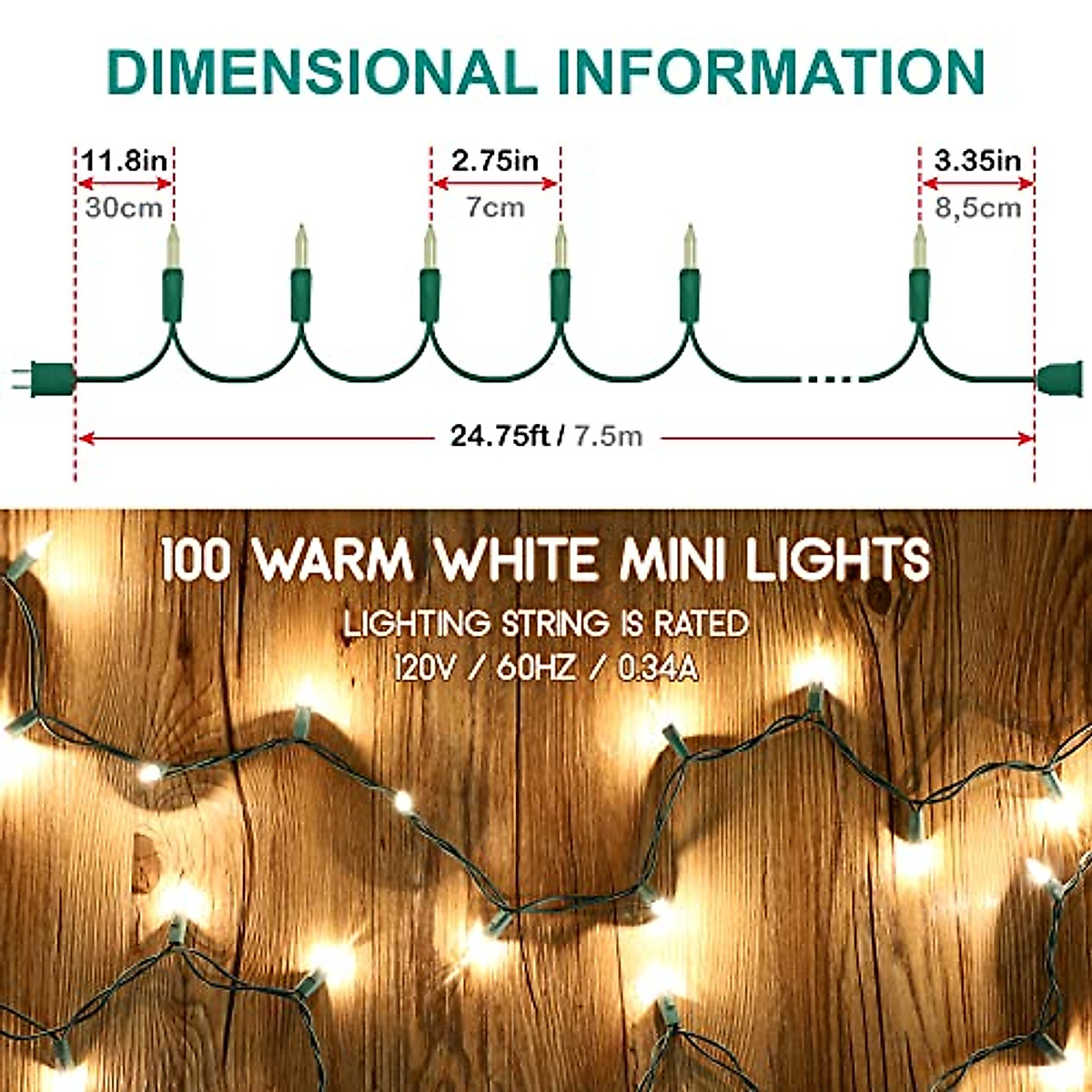 100 Christmas Mini Lights - 24.8 ft / 7.5m - 120V - Warm White Bulbs 2800K - Green Wire - 120V - End to End Connection - Indoor & Outdoor Use - Light Strings for Christmas Tree and New Year Decoration