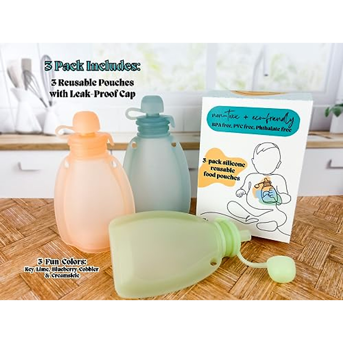 Eco Mama Shop: Toddler Reusable Silicone Food Pouches, 3 Pack, Squeeze Pouches for Kids, Refillable Pouches for Applesauce Yogurt and Purees, Baby Food Feeder