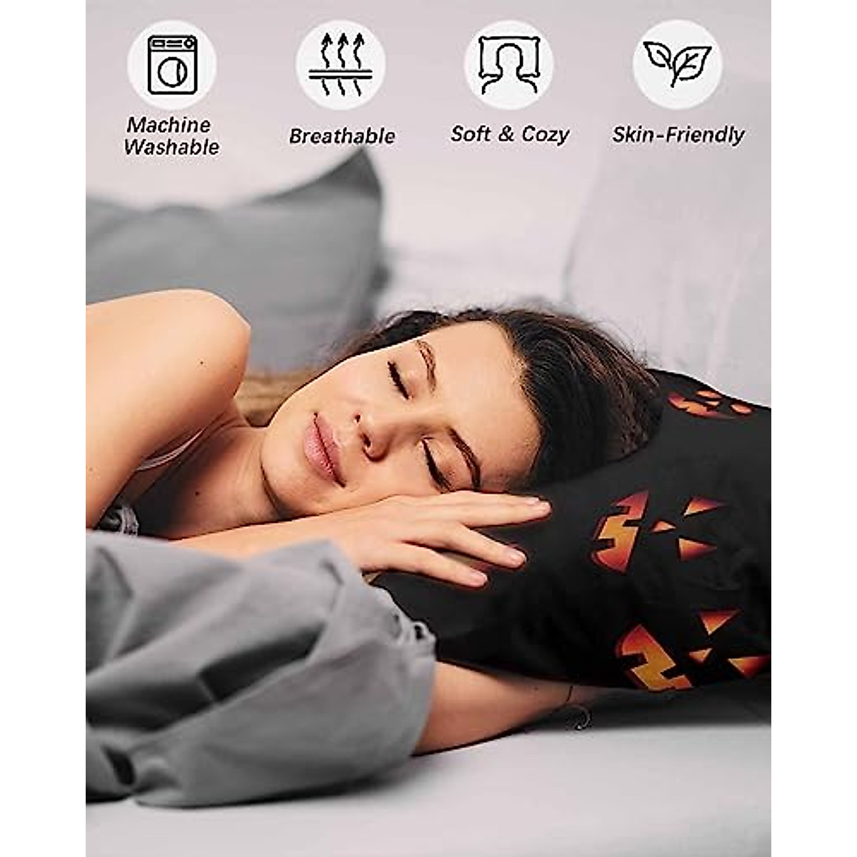 Edwiinsa Halloween Pillow Covers Standard Size Set of 2 Bed Pillow, Fall Pumpkin HorrorBlack Orange Plush Soft Comfort for Hair/Skin Cooling Pillowcases with Envelop Closure 20''x26''