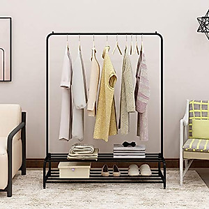 BOFENG Metal Garment Rack Industrial Free-Standing Clothes Rack with Top Rod and 2 Tier Lower Storage Shelf - Black