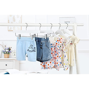 TOPIA HANGER 11.8 Inch White Wooden Pants Skirt Hangers for Kids Baby Toddler Children, Extra Thick Chrome Hooks & Anti-Wrinkle Premium Flat Clips 10 Pack CT09PW