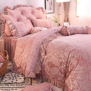 YURASIKU Princess Bedding Set Soft Fleece Jacquard Duvet Cover Set Romantic Lace Flower Design Ruffle Comforter Cover Set with Bed Skirt Girls Queen Size Light Pink
