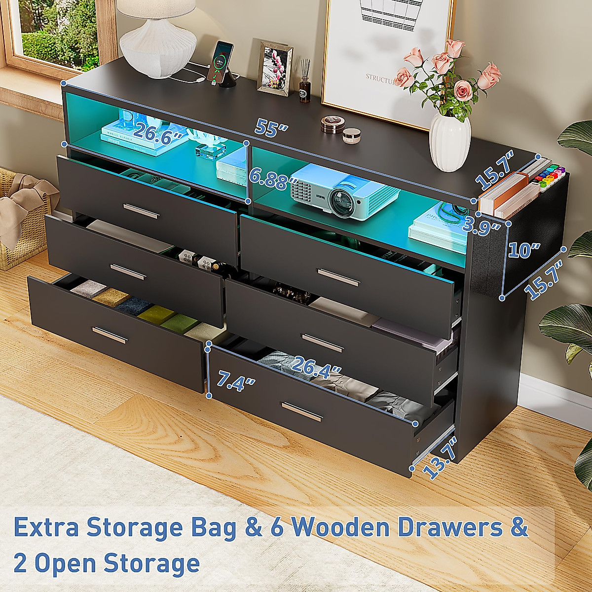 Whalefall Bedroom Dresser with LED Lights, Black 6 Drawers Dresser for Bedroom with Charging Station 55in Large Chest of Drawers, Wood Dresser TV Stand for Living Room Closet Entryway (Black)