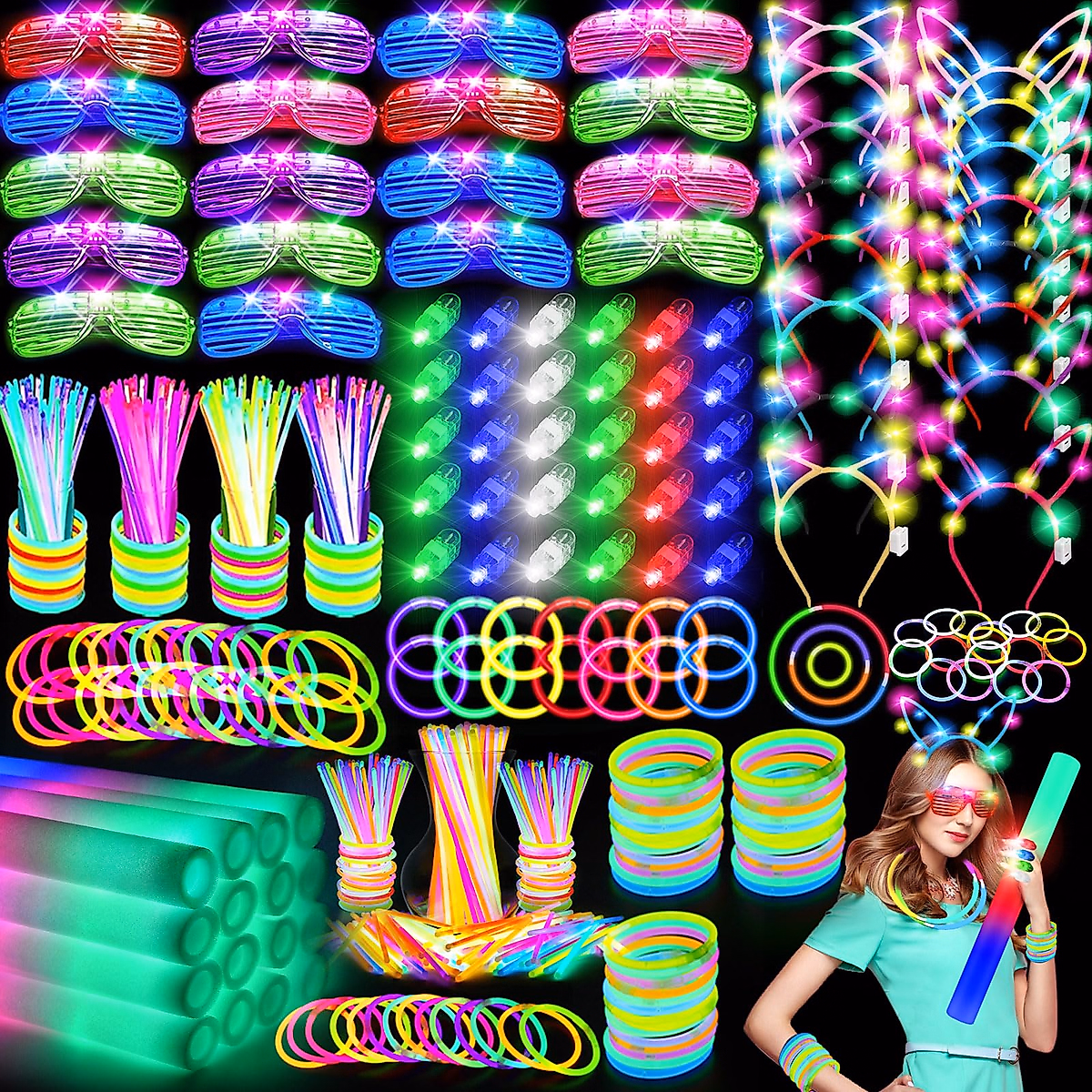OLUPP 282 PCS Glow Party Supplies, 18PCS Foam Glow Sticks, 18PCS LED Glasses, 200PCS Glow Sticks, 30PCS Finger Lights, 8PCS Bunny Ear Headband and 8PCS LED Cat Ear Headband for Glow Party,Birthday