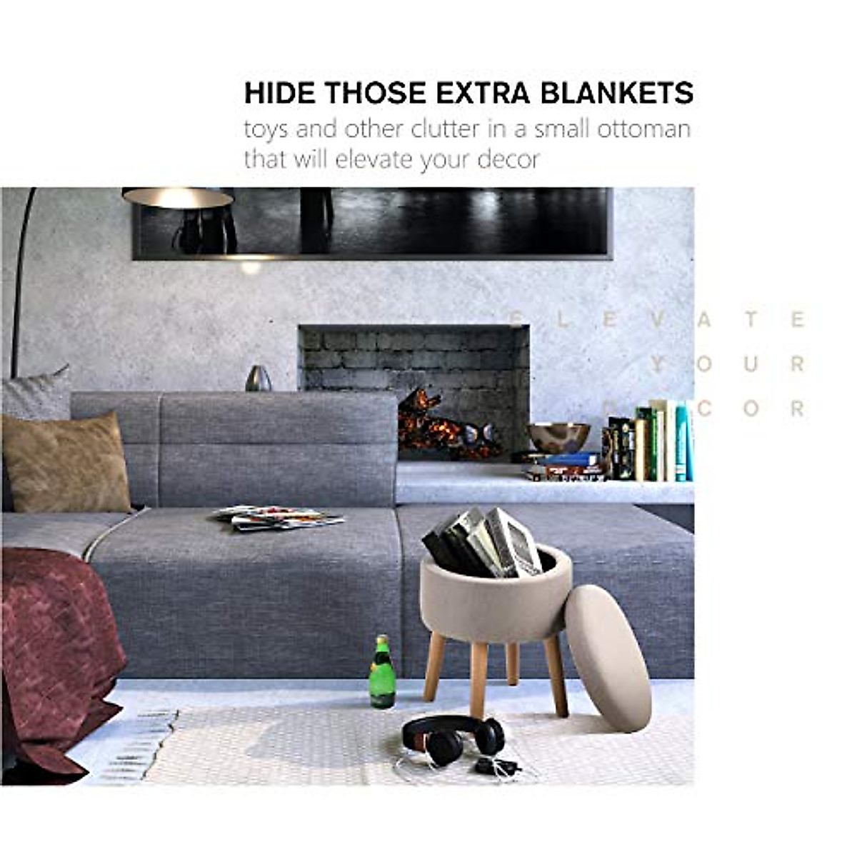 ALPHA HOME Round Storage Ottoman with Removable Lid Tufted Vanity Dressing Chair Line Fabric Shoe Change Footrest Stool Side Table Seat Tray Top Coffee Table with Solid Wooden Legs,Beige