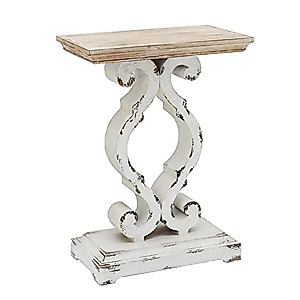 French Country Accent Wood Rectangle End Table, Farmhouse Rustic Wood Side Table with Natural Wood Top and Distressed White Carved Base, Vintage Table for Slim Spaces, 19.75 x 11.75 x 27.5 Inches