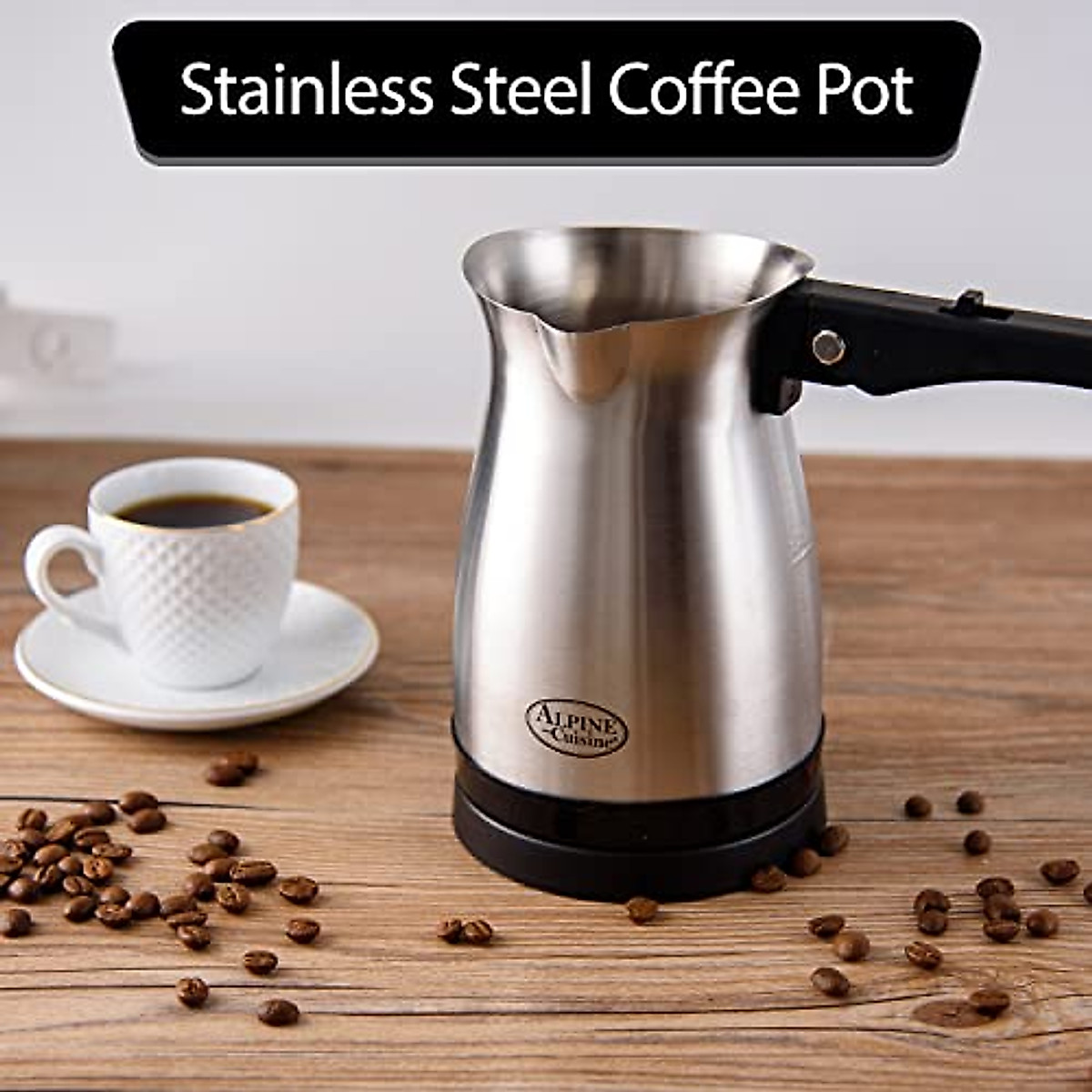 Arabic, Greek, & Turkish Electric Coffee Maker Machine Pot Warmer Kettle Premium Quality Stainless Steel 0.3 L, 4 Cup Capacity Cool Touch Handle Cordless Base (Foldable Handle, Travel Size)