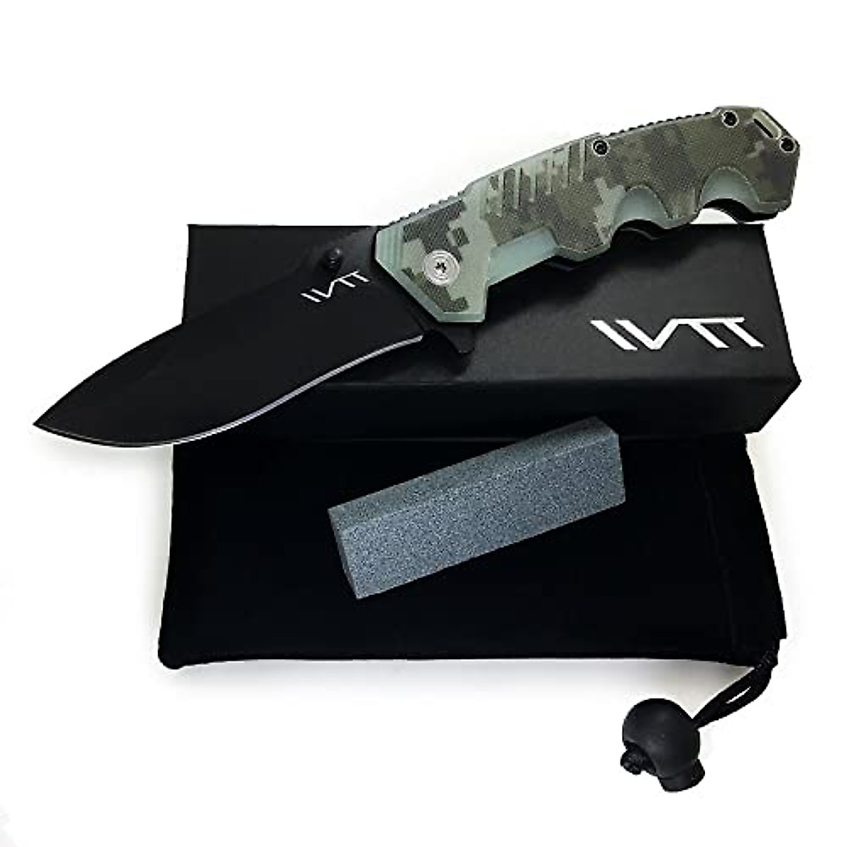 BGT Folding Pocket Knife 3.4 Inch Black Blade and Lightweight G10 Handle Survival Tool Knives Carry Velvet Bag, Sharpener (Camo)