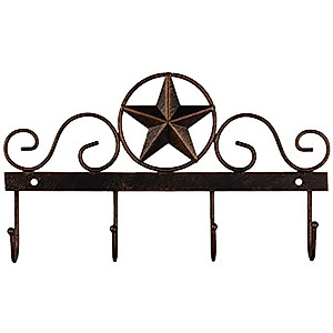 EBEI Vintainge Metal Key Barn Star Rack Holder Wall Mounted Metal Decorative 10" Vintage Key with 4 Hooks Dark Brown Western Home Wall Decor