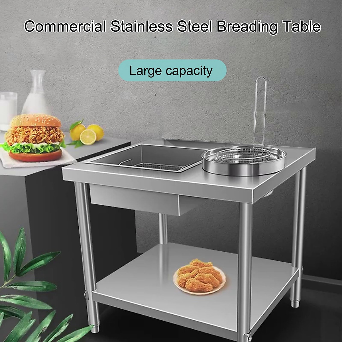 Stainless Steel Breading Table, Fried Food Prep Breader Station with Baskets, Breading Table Fried chicken FishFood Prep Station, for Chicken Fish Vegetable Fry