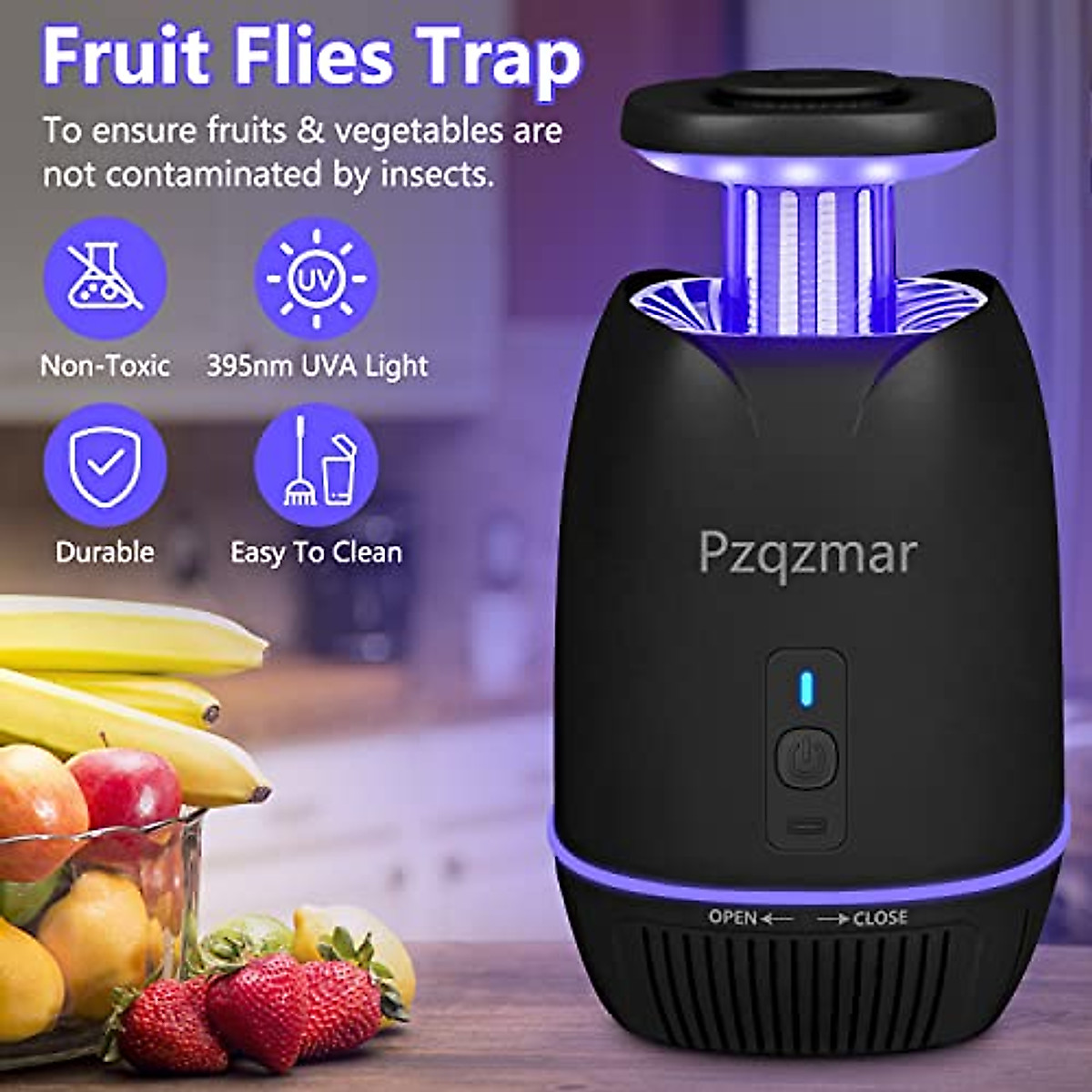 Pzqzmar Fruit Fly Trap,Electric Bug Zapper Indoor Insect Trap,Bug Catcher for Fruit Flies,Flying Insect,Mosquito,Gnat,Moth,Fly Mosquito Killer Lamp for Home House,UV Light&Sticky Glue,Plug-in(Black)