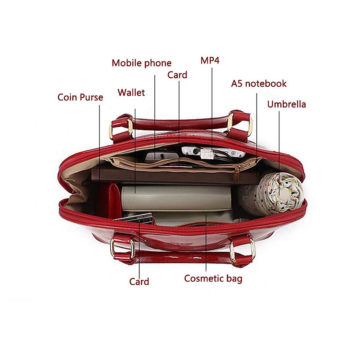 Yan Show Women's Wild Patent Leather Top Handle Purse Elegant Handbag Multi-Pocket Shoulder Bag Black