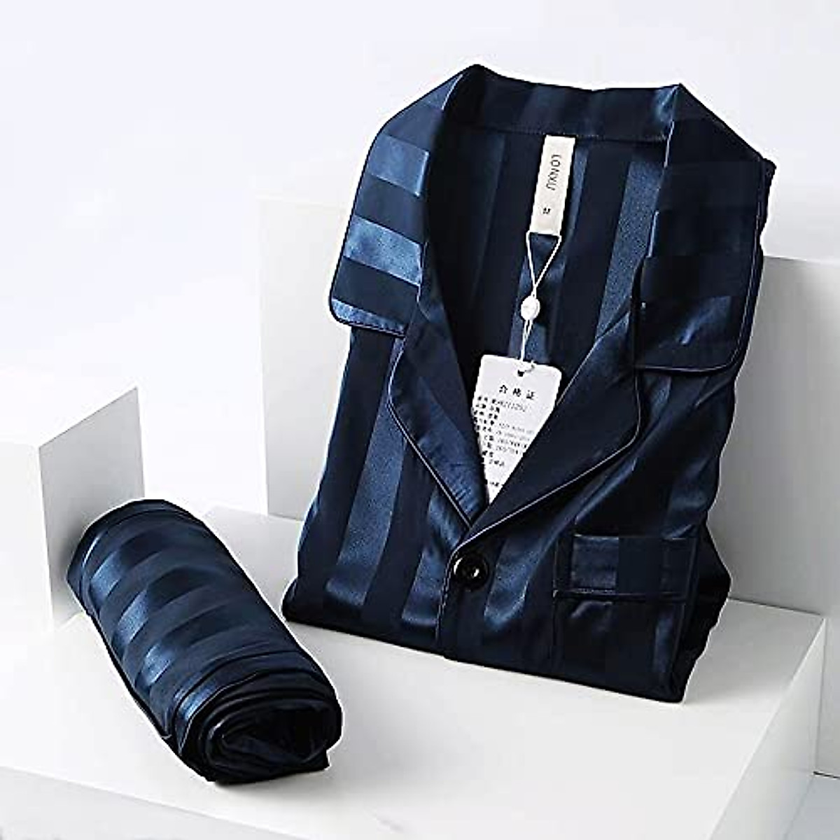 Mens Silk Satin Pajamas Set Sleepwear Loungewear Navy Blue L