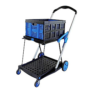 Folding Shopping Cart with Wheels, Collapsible Cart with Basket, 2-Layer Utility Carts, Outdoor Wagon for Groceries, Hand Truck (Folding Cart + Crate)