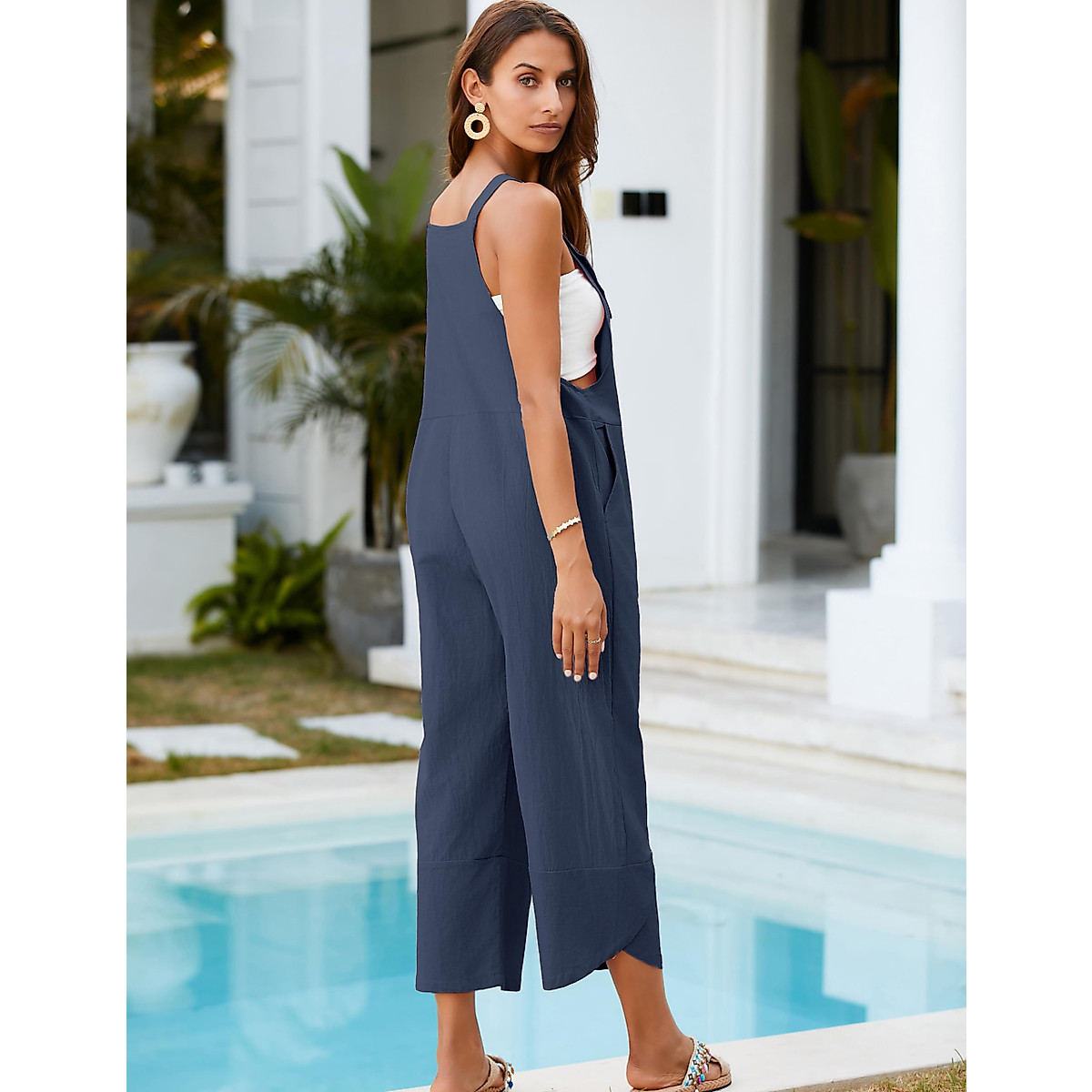 UANEO Womens Cotton Adjustable Casual Summer Bib Overalls Jumpsuits with Pockets (Navy, XL)