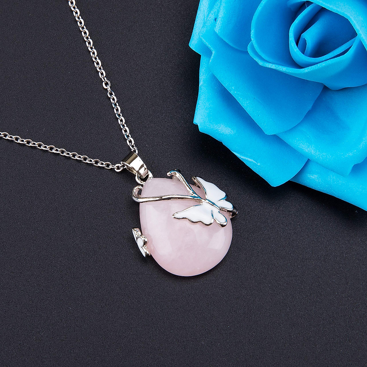 Bivei Vintage Wire Wrap Butterfly Gemstone Rose Quartz Amethyst Opalite Healing Crystal Pendant Necklace(Pack of 3)