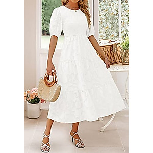 ZESICA Women's 2023 Summer Short Puff Sleeve Crewneck Smocked Floral Lace Flowy A Line Tiered Midi Dresses,White,Medium