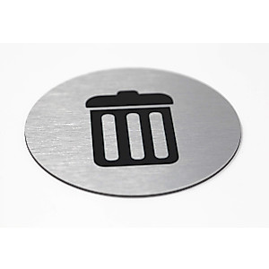 Metal Trash Signs | 3" Garbage Bin Marker | Metal Sign for Waste Basket | Brushed Silver Aluminum Sign with Black Trash Symbol | Ready to Hang | Made in USA