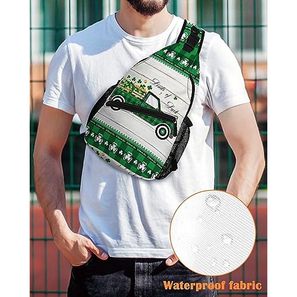 Sling Backpack, St. Patrick's Day Truck Pull Lucky Shamrock on Rustic Wooden Grain Waterproof Lightweight Small Sling Bag, Travel Chest Bag Crossbody Shoulder Bag Hiking Daypack for Women Men