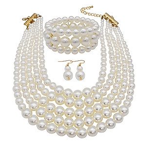 JNF Large Faux Pearl Necklaces for Women Multi strand Pearl Necklace Bracelet and Earrings Set Costume Pearls Necklace Jewelry Ladies (White)