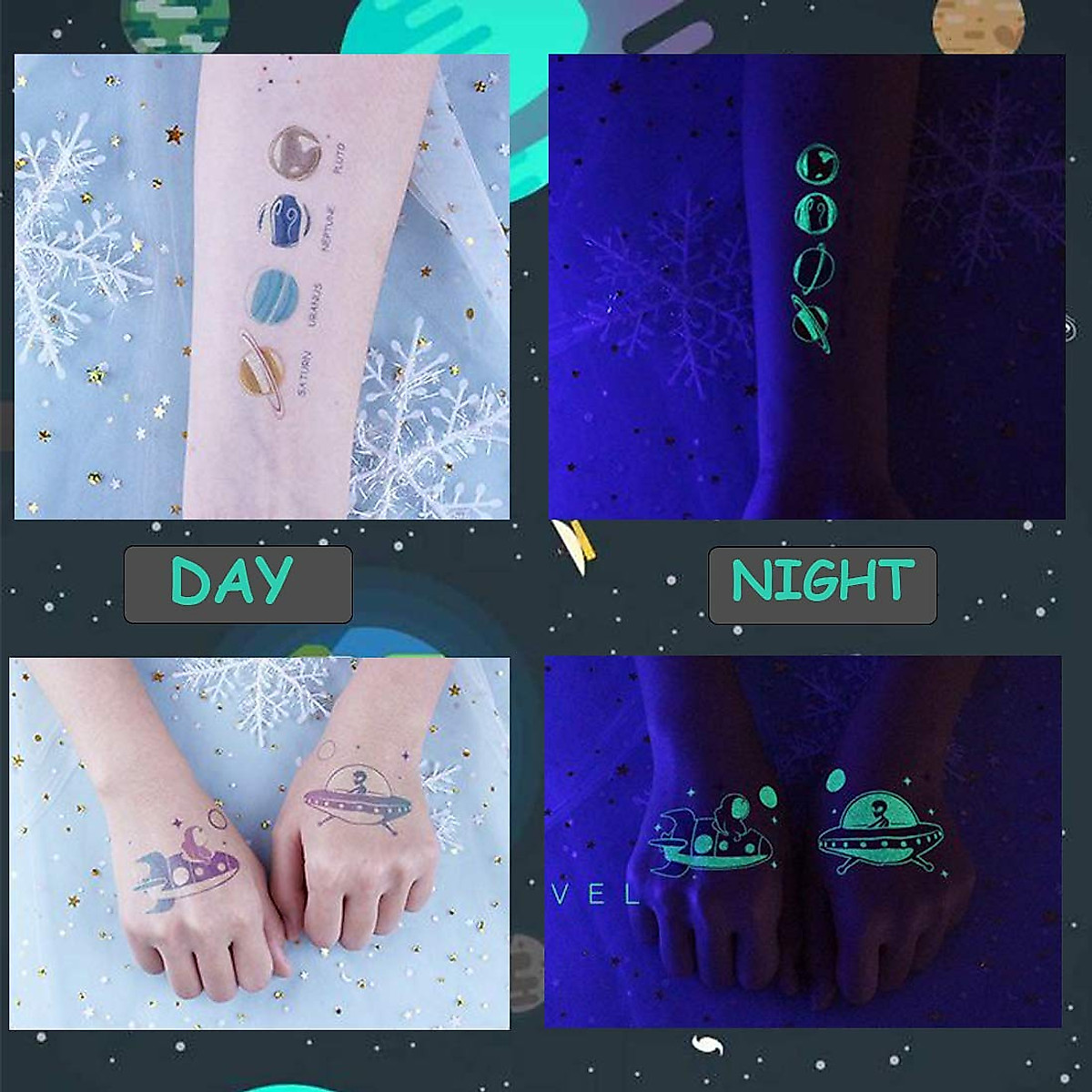 Ooopsiun Space Tattoos for Boys Glow in The Dark - 90 Luminous Styles, Space Birthday Party Decorations Favors for Kids Boys