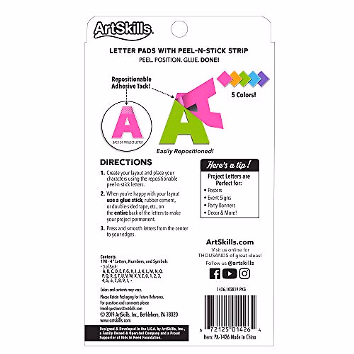 ArtSkills Jumbo 4" Paper Poster Letters and Numbers for Projects and Crafts, Neon Colors, 190 Pieces, Study Room