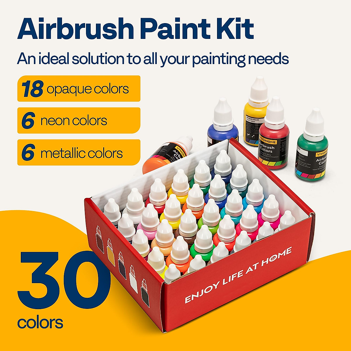 VIVOHOME 30 Color Airbrush Paint Set, Acrylic Air Brush Paints Ready to Spray (No Thinner Needed), Water Based Painting Colors for Artist and Beginners, Includes 6 Metal & 6 Neon, Pack of 30 (20 ml/0.68 Fl Oz)