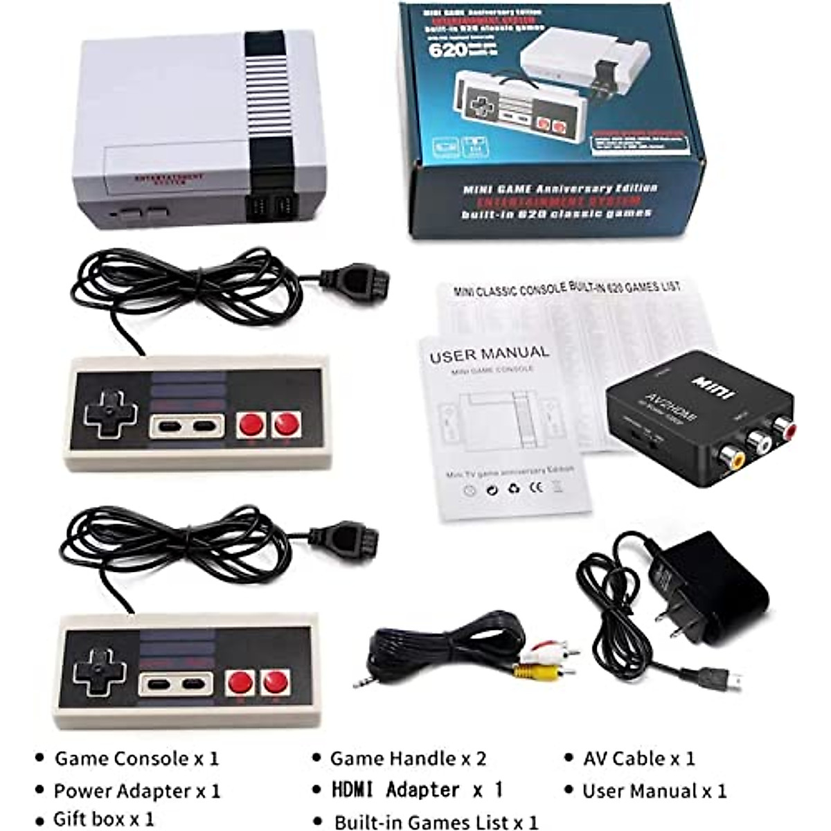 Retro Game Console – Classic Mini Retro Game System Built-in 620 Games and 2 Controllers, AV and HDMI Output 8-Bit Video Game System with Classic Games, Old-School Gaming System for Adults and Kids