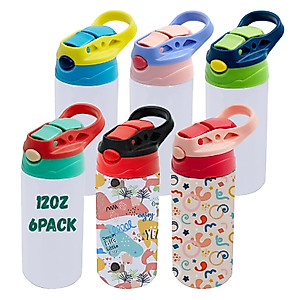 HIZEE 12 oz Sublimation Tumbler,6 Pack Sublimation Straw Sippy Cup Blank with One-click Pop-up Straw and Handle,Spill Proof Stainless Steel Thermos Water Bottles for School,Milk, Soda, Juice, Drinks