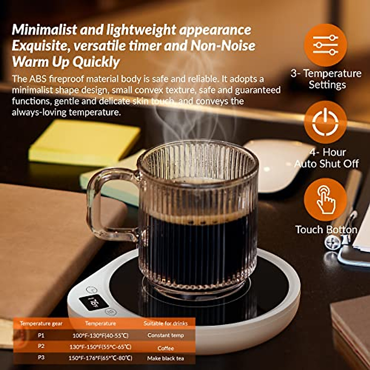 Mug Warmer, Upgrade Coffee Warmer & Cup Warmer for Desk with 3 Temperature Settings, More Hot Coffee Mug Warmer with Timer & 4H Auto Shut Off for Keep Best Flavor for Cocoa, Tea, Water, Milk