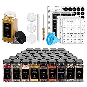 CUCUMI 35pcs Spice Jars with Labels, Glass Spice Bottles with Black Metal Caps, 4oz Spice Containers with Shaker Lids, Funnel, Chalk Pen,Test Tube Brush, Seasoning Storage for Spice Rack, Cabinet
