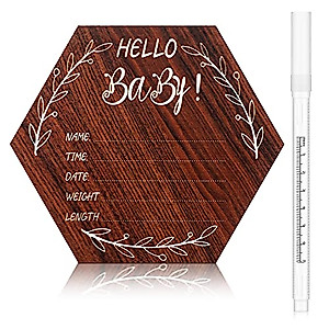 5 Inch Birth Announcement Sign for Hospital Cherry Newborn Announcement Sign Wooden Baby Name Sign with White Paint Marker Pen Regular Hexagon Wooden Birth Announcements for Hospital