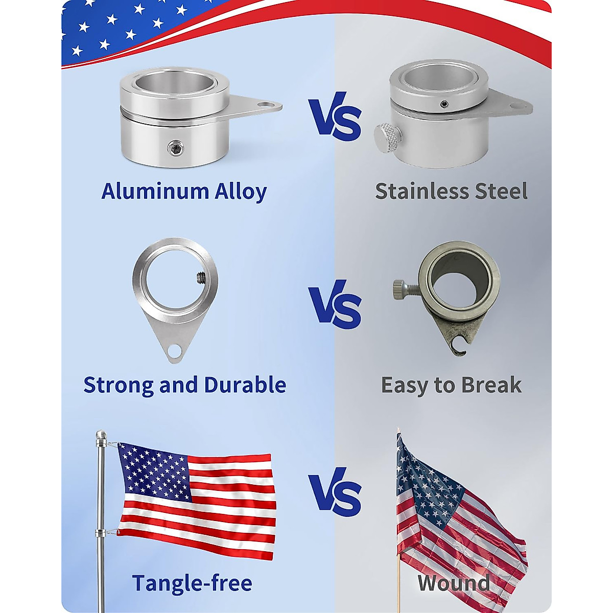 BonyTek 2 Pack Aluminum Alloy Flag Pole Rings, 360 Degree Rotating Flagpole Flag Mounting Rings Spinning Flag Pole Kit with Carabiner for 0.75-1.00 Inch Diameter Flagpole (Φ 1 inch, Silver)