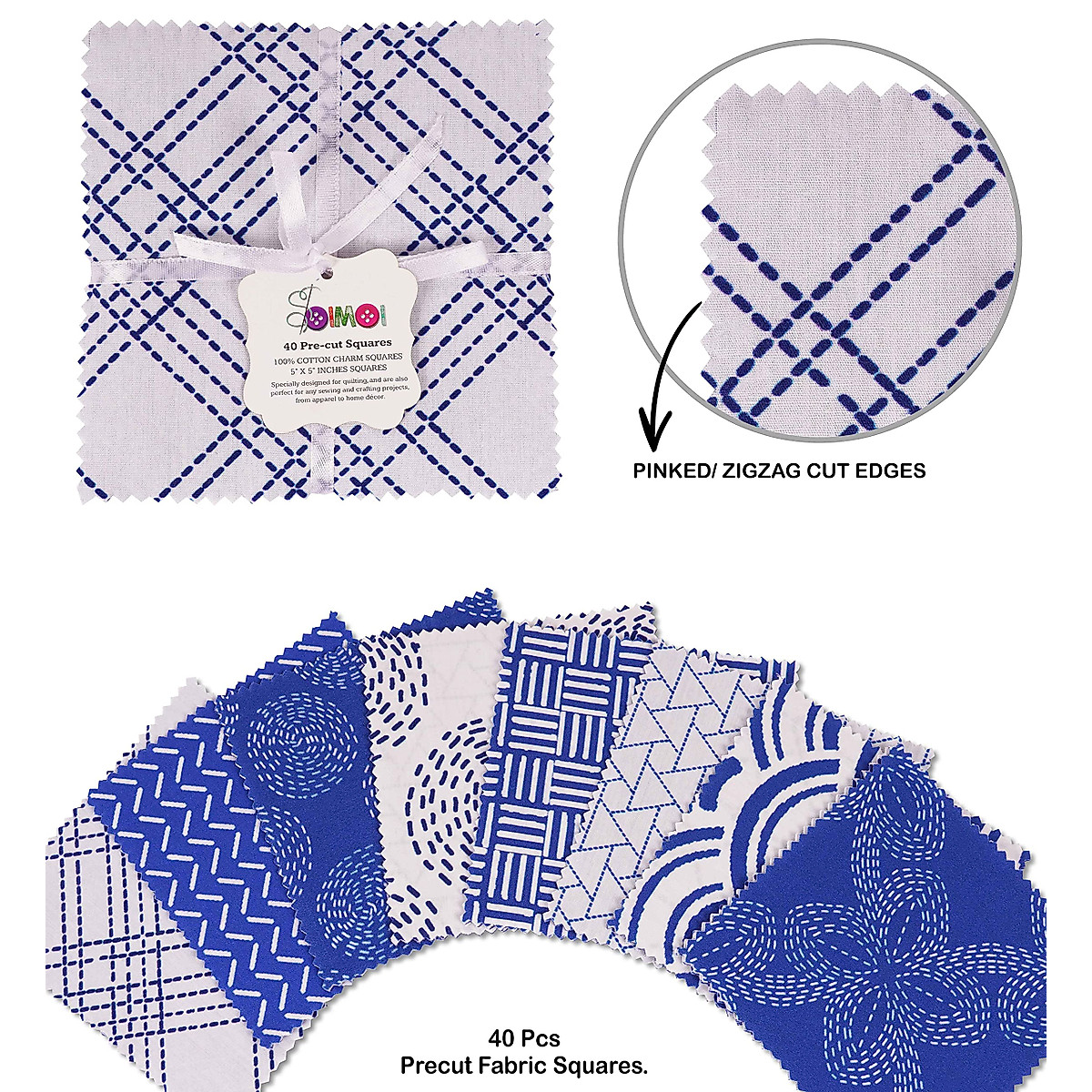 Soimoi Japanese Sashiko Print Precut 5-inch Cotton Fabric Quilting Squares Charm Pack DIY Patchwork Sewing Craft- White & Blue