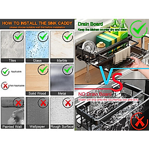 YOMEAN Self Adhesive Sponge Holder, Kitchen Wall Mount Sink Caddy Aluminum Drying Drain Rack Storage,Peeler, Brush, Soap, Cloth Rag,Towel Organizer with Removable Drip Tray for Countertop,No Drilling