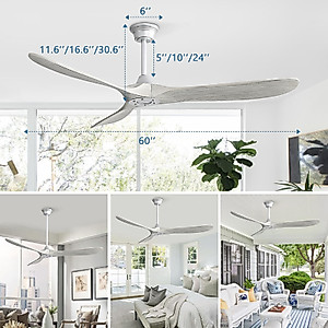 CACI Mall 60" Ceiling Fan no Light, Outdoor Ceiling Fans for Patios Without Lights, Remote Control, Solid Wood 3 Blades, Quiet, Indoor Ceiling Fan for Living Room, Patio, Bedroom, Porch, Farmhouse