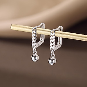 SLUYNZ 925 Sterling Silver U Hoop Earrings for Women Square Hoop Earrings Minimalist Chain Earrings Small Ball Dangly Hoop Earrings (A-Silver)