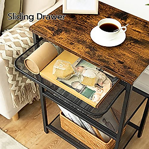 HOOBRO Tall Side Table, Industrial End Table with Adjustable Metal Mesh Basket, Telephone Table with Storage Shelf for in Bedroom, Living Room, Hallway, Easy Assembly, Rustic Brown BF02DH01