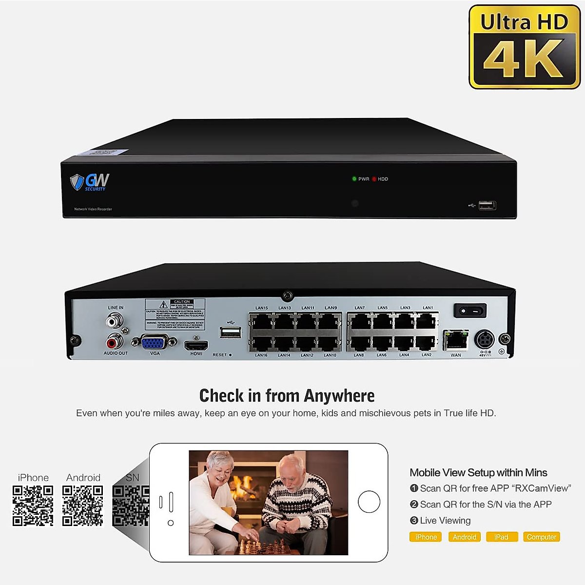 GW 16 Channel 4K NVR 8MP 4K AI Smart Home Security Camera System, (8) Dome and (8) Bullet Built-in Microphone Audio Recording HD 2160P 4K IP PoE Cameras, Face Recognition/Human/Vehicle Detection