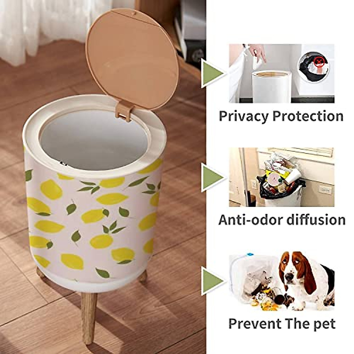 LGCZNWDFHTZ Small Trash Can with Lid for Bathroom Kitchen Office Diaper Lemon Simle Style Bedroom Garbage Trash Bin Dog Proof Waste Basket Cute Decorative