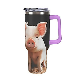 LLUTSNTH 40 Oz Vacuum Tumbler with Violet Handle Leakproof Insulated Tumbler Cute Pigs Stainless Steel Travel Mug with Lid And Straw Coffee Cup Cute Water Bottles Cup Holder Friendly