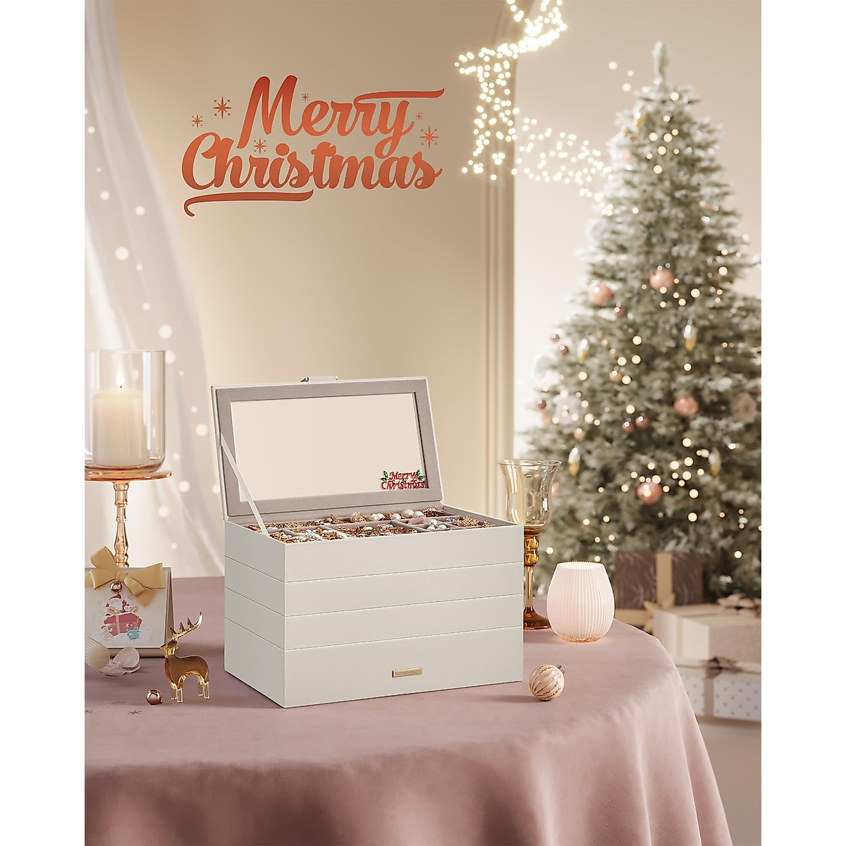 SONGMICS Stackable Jewelry Trays, 4-Tier Jewelry Box, Drawer Jewelry Organizer, with Glass Lid, Removable Dividers, for Vanity Table, 6.7 x 11 x 7.2 Inches, Christmas Gift, Cloud White UJBC164W01
