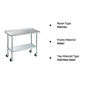 ROCKPOINT Stainless Steel Table for Prep & Work with Backsplash, Caster Wheels 48x24 Inches, NSF Metal Commercial Kitchen Table with Adjustable Under Shelf & Table Foot for Restaurant, Home & Hotel