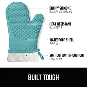 Gorilla Grip Silicone Oven Mitts Set of 2 and Silicone Baking Mats Set of 2, Silicone Oven Mitts are 14.5 Inch, Quarter Sheet Silicone Baking Mats, Both in Turquoise Color, 2 Item Bundle