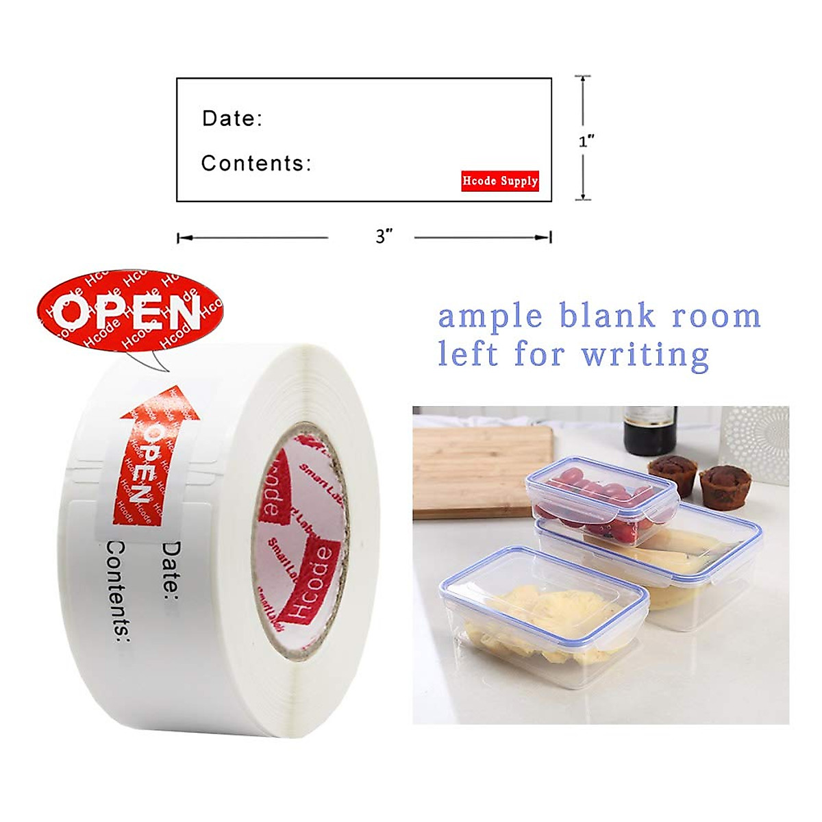 Hcode 1 x 3'' Self-Adhesive Removable Freezer Food Storage Labels - Easy Clean Leaves No Residue - Meal Prep Labels Plastic Paper Sticker Perfect for Reusable Containers 300 Stickers(1x3" Fill in)