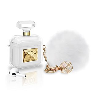 Meishangmei AirPods 3 Case Cute with Keychain & Fur Ball Perfume Design Silicone Soft Shockproof AirPod 3rd Generation Charging Case Cover for Girls and Women - Gold