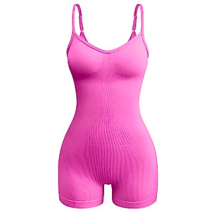 OQQ Women's Yoga Ribbed One Piece Spaghetti Strap Sleeveless Top Romper, Rose, Small